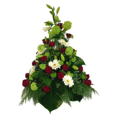 Stående sorgdekoration vitt/rött/lime – Agnes & Lisa Blommor - Blommor.nu